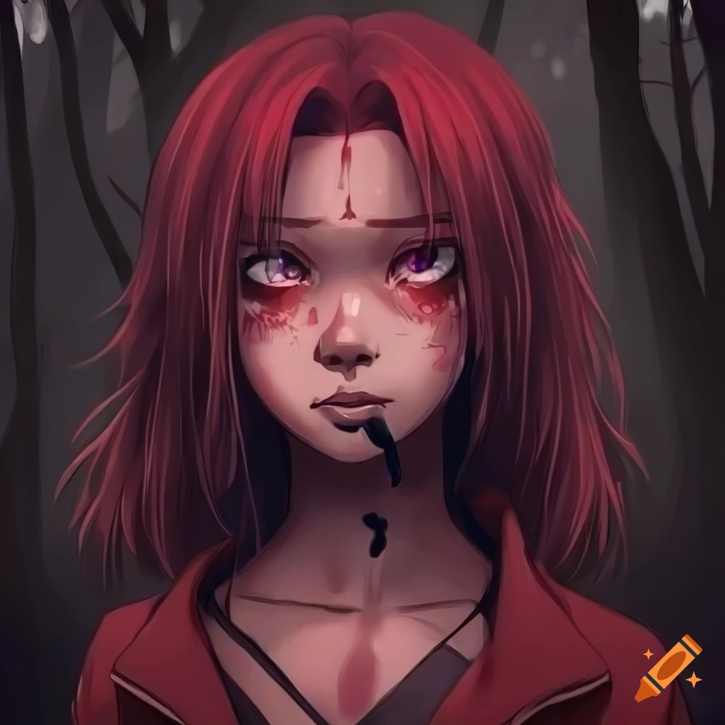 Anime art girl with red hair in punk rock attire and a sad expression ...