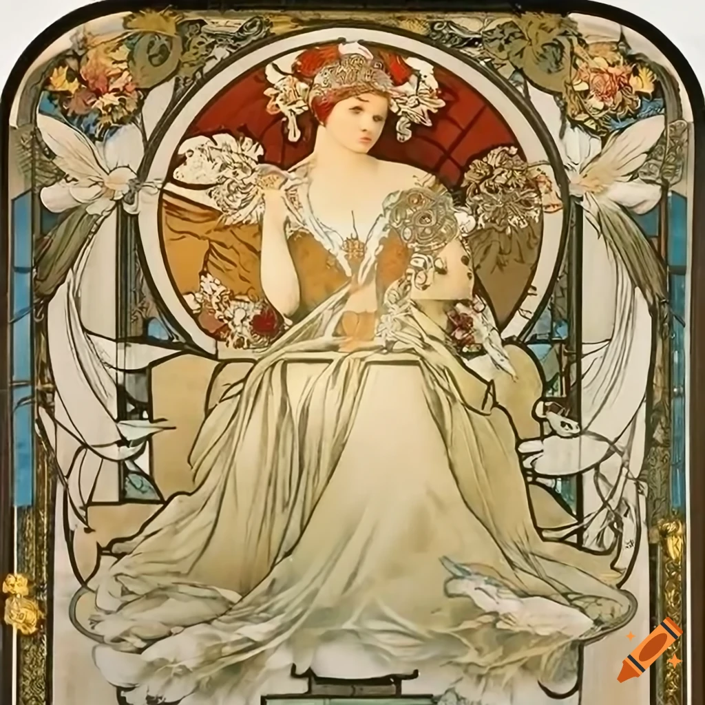 Alphonse Mucha artwork featuring two angels with wings on Craiyon