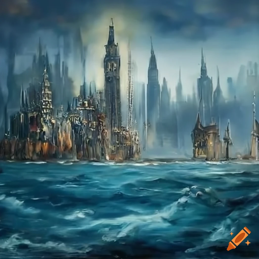 Image of a steampunk city emerging from the ocean