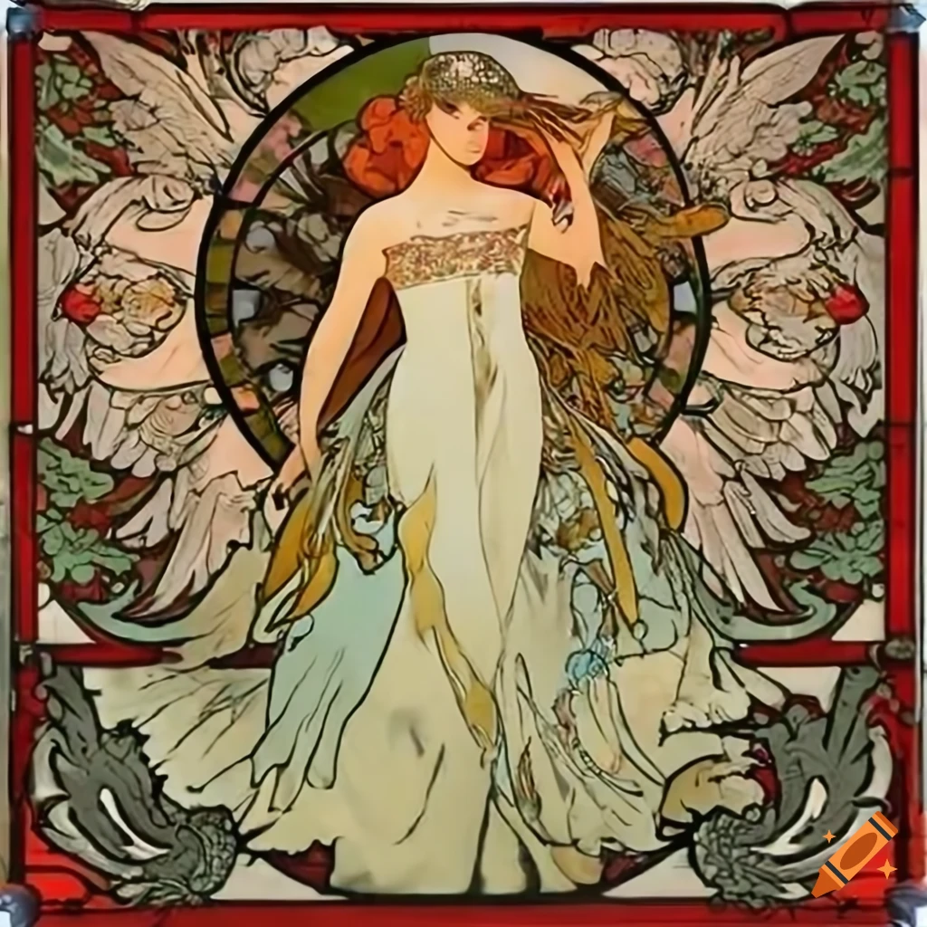 Alphonse mucha's artwork of two angels with golden bird on Craiyon