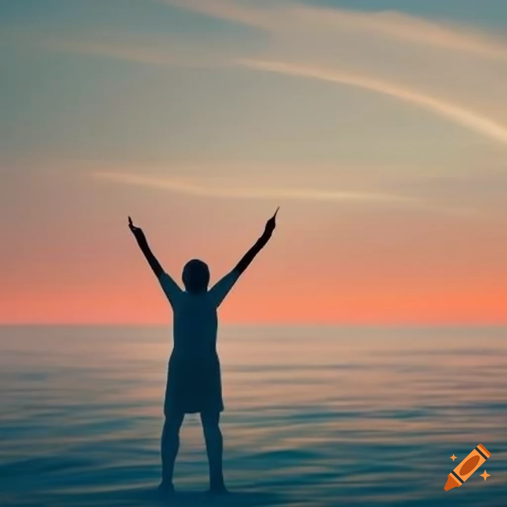 Silhouette of person with raised arms against stunning sunset on Craiyon