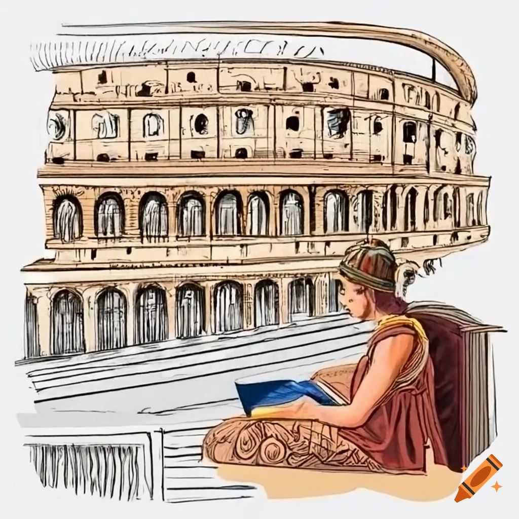 Roman student reading a papyrus in front of the Colisseum on Craiyon