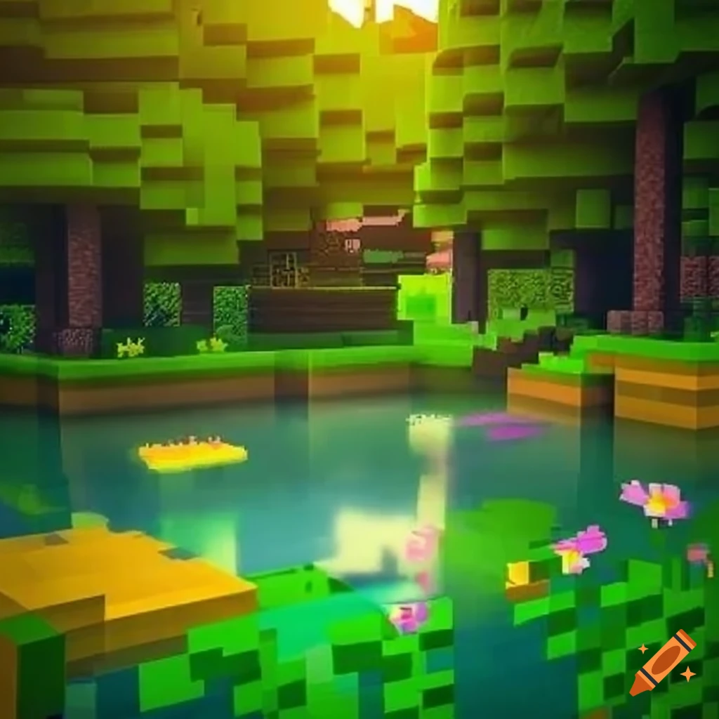 Lush minecraft world with blooming flowers and friendly animals on Craiyon