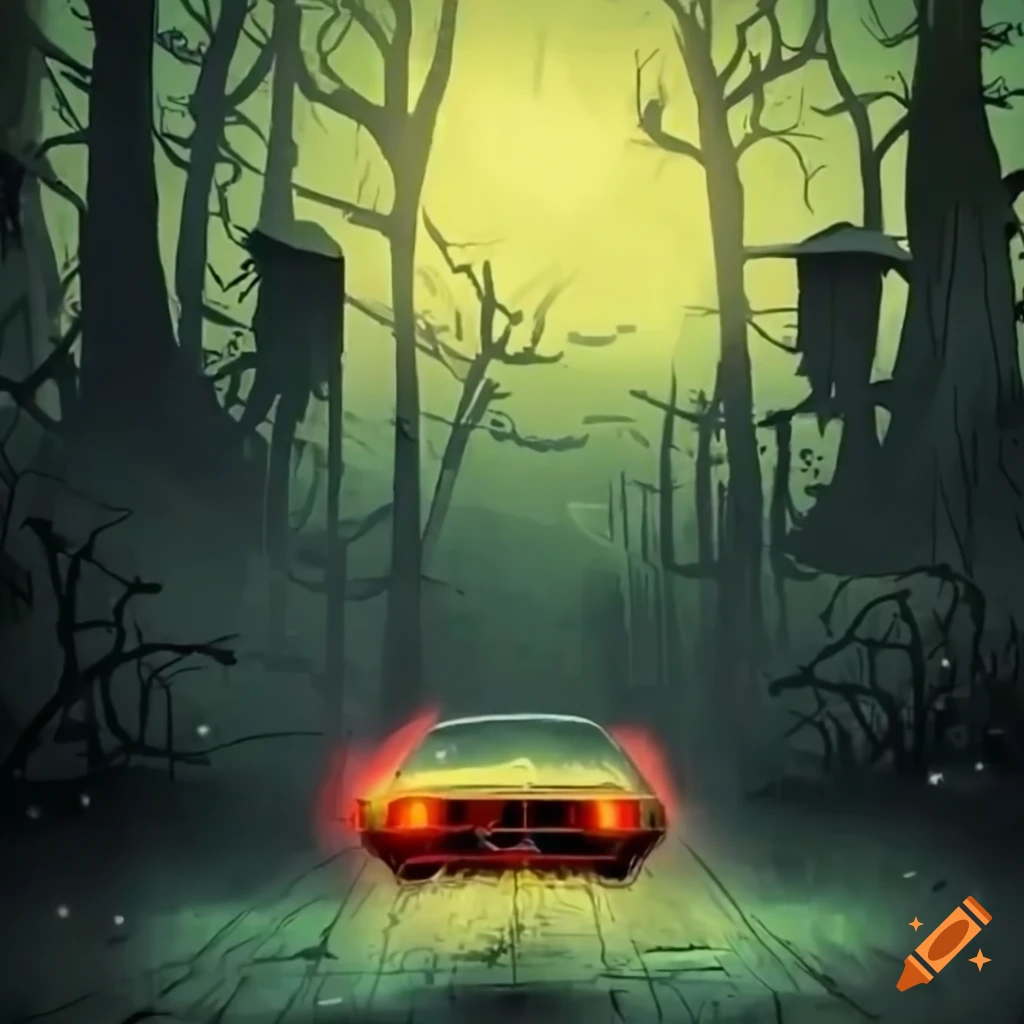 Spooky comic book scene of a hemi cuda racing through a haunted forest