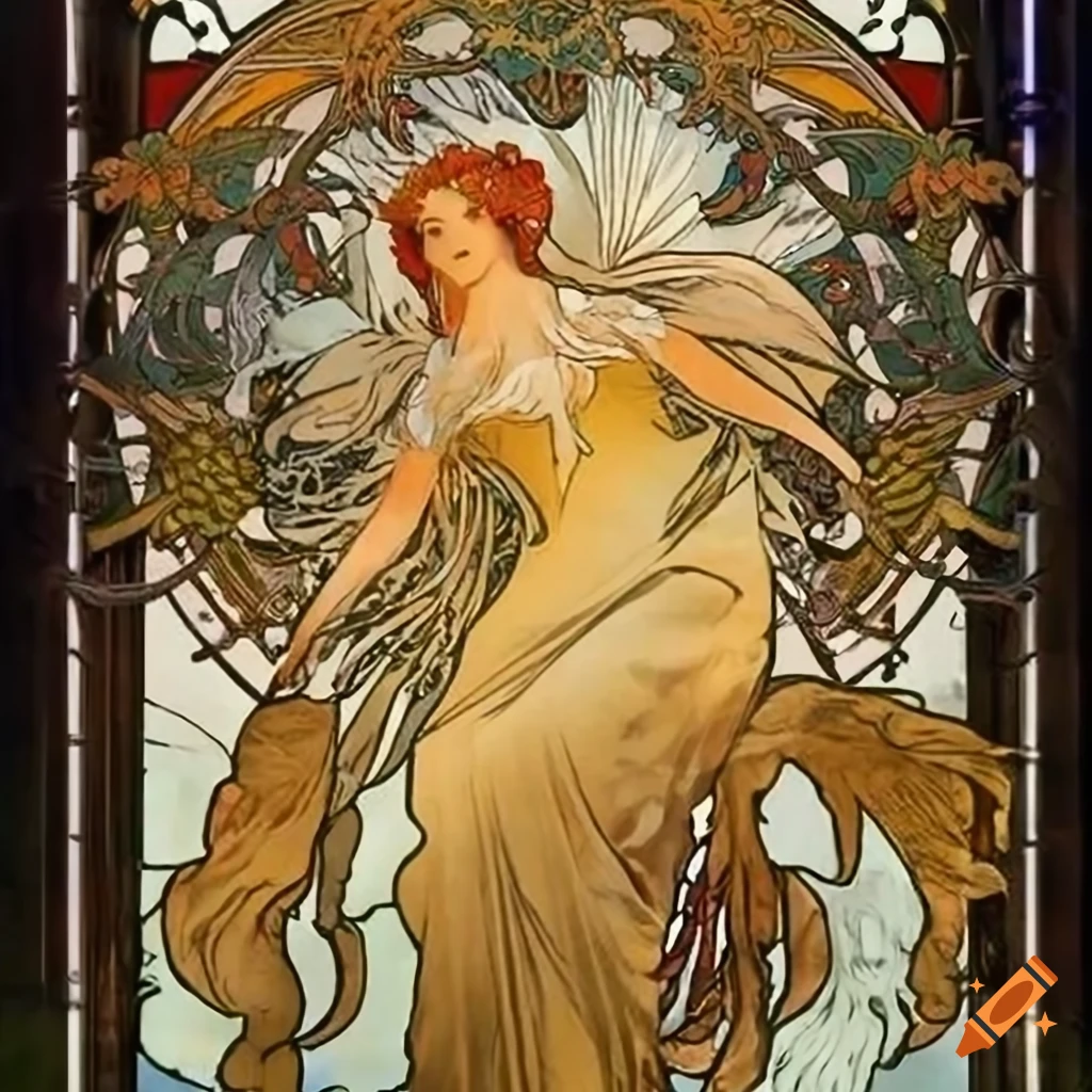 Alphonse mucha artwork with two angels holding a golden bird on Craiyon