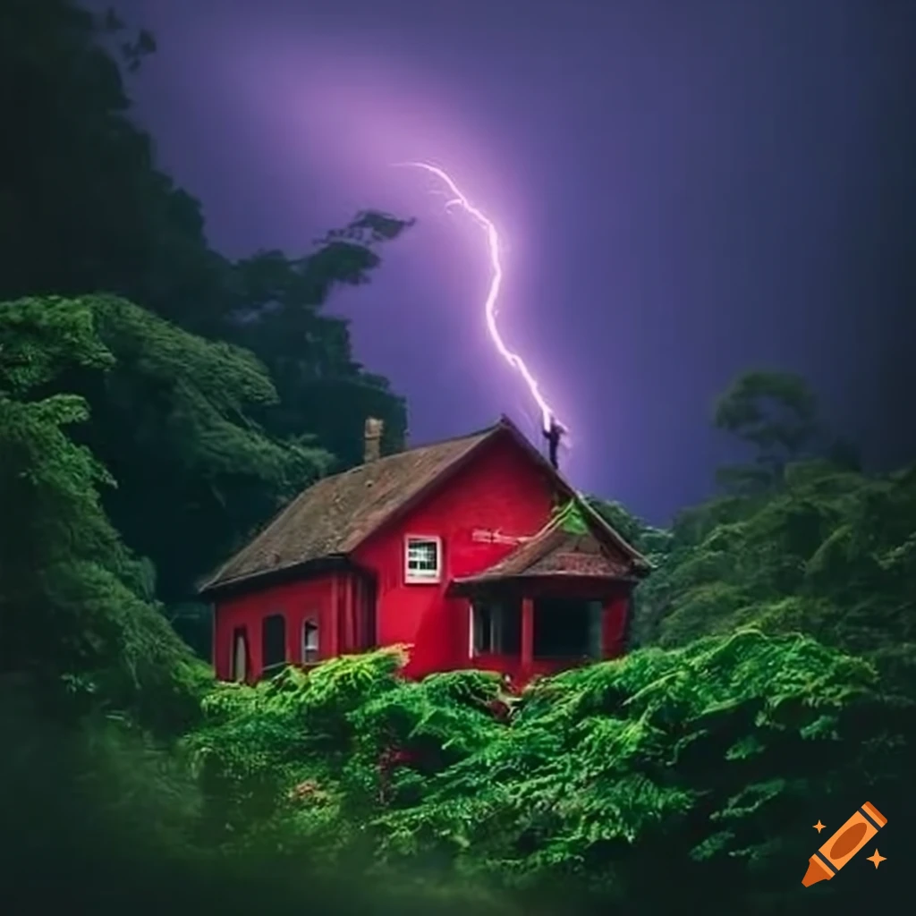 Lightning striking a red house in the jungle on Craiyon
