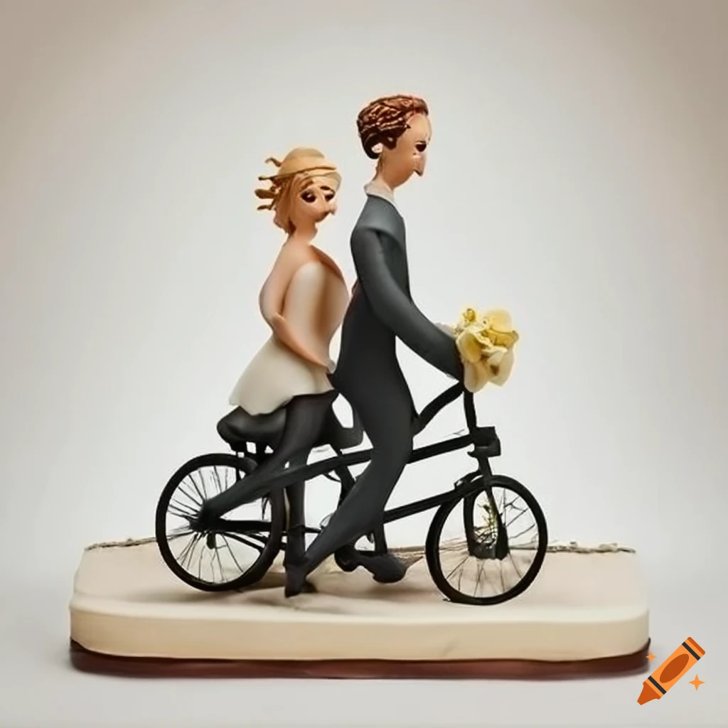 Bicycle-themed wedding cake with cyclist bride and groom on Craiyon