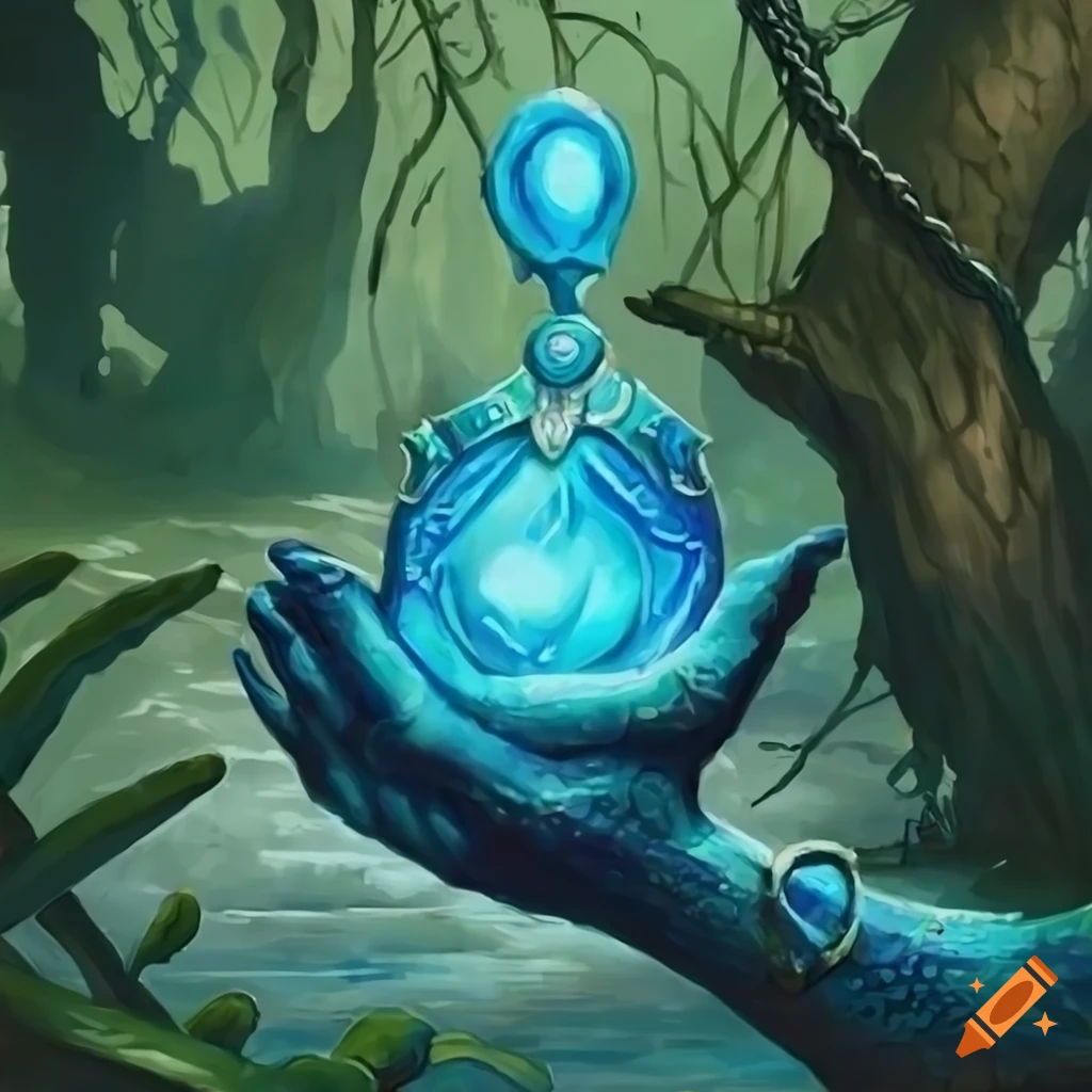 Blue hand holding an amulet in a fantasy jungle on Craiyon