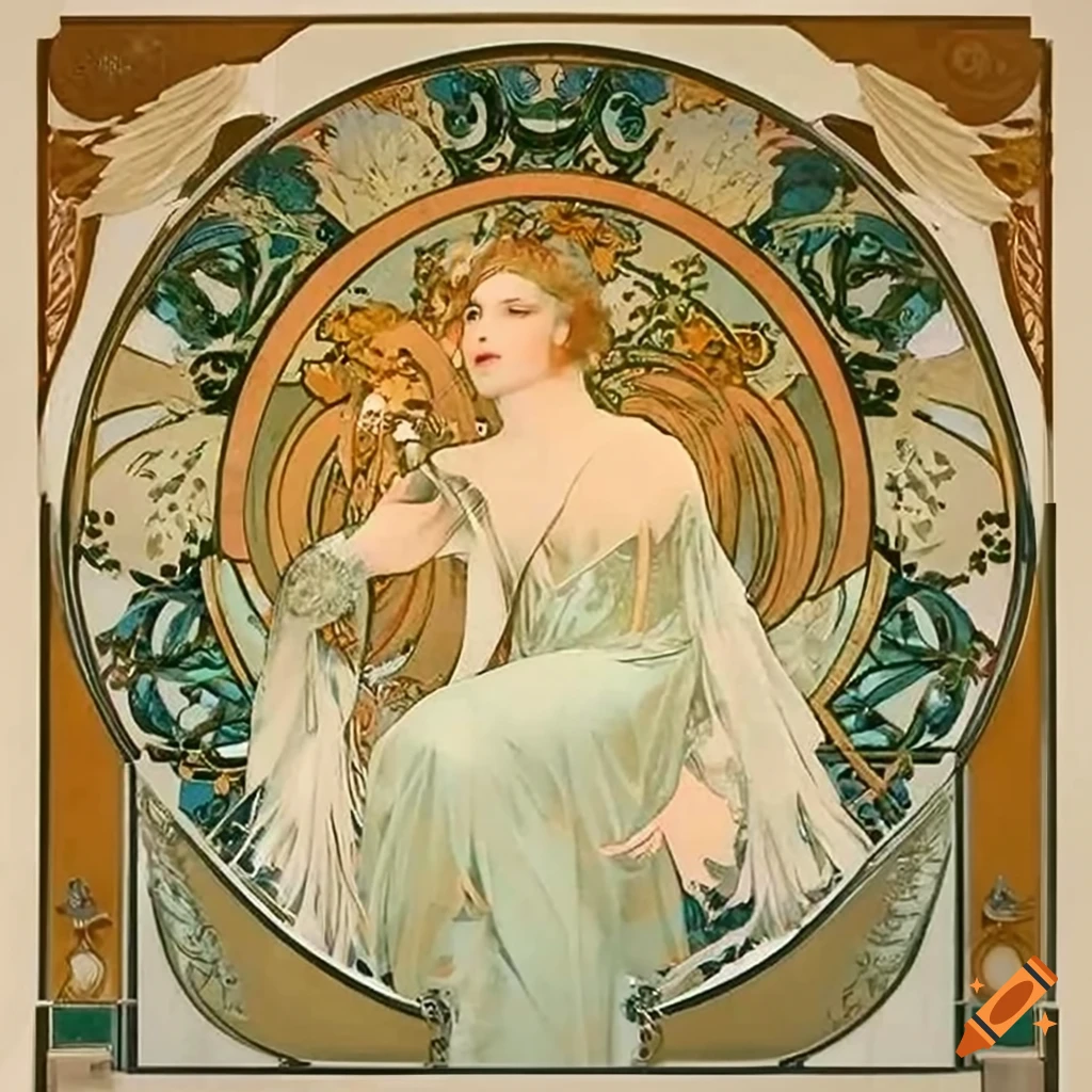 Alphonse Mucha inspired artwork of two angels with wings and a golden ...