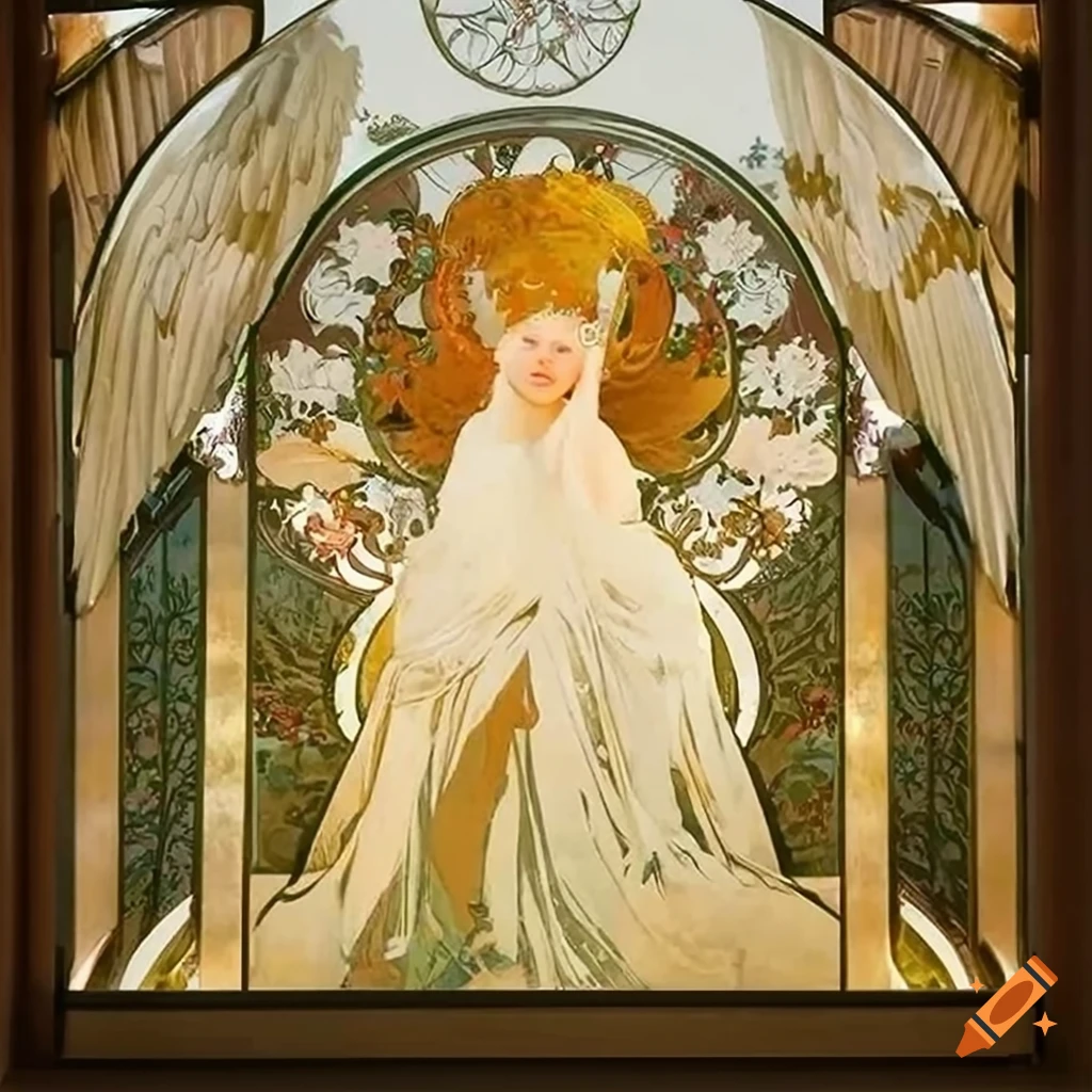 Stained glass window with two angel figures