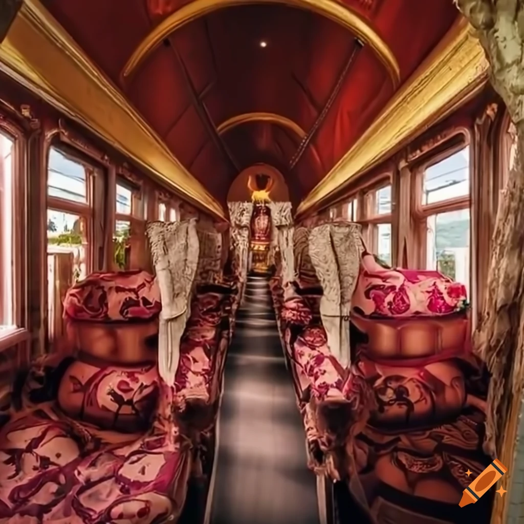 Realistic Efteling-style train interior looking outside to a fairy tale ...