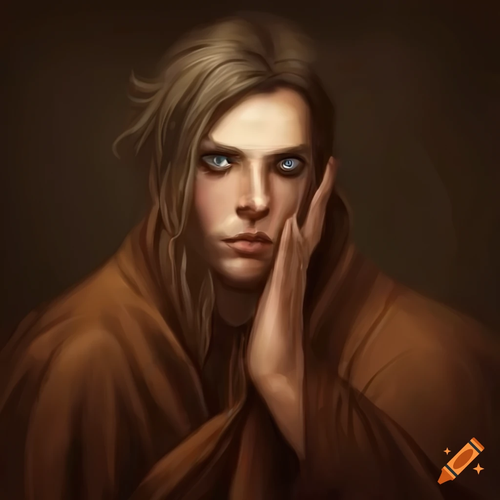 Fantasy art of a young man in a brown robe on Craiyon