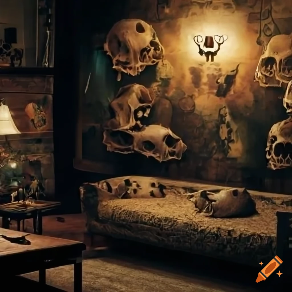 Angled view of animal skulls in a living room with unique decor on Craiyon