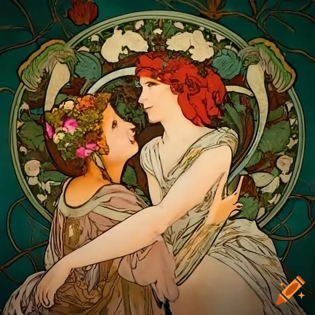 Alphonse Mucha inspired art of two angels in nature on Craiyon
