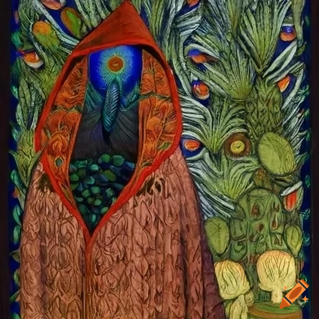 Illustration of a raven in a colorful hooded cloak in a forest garden ...