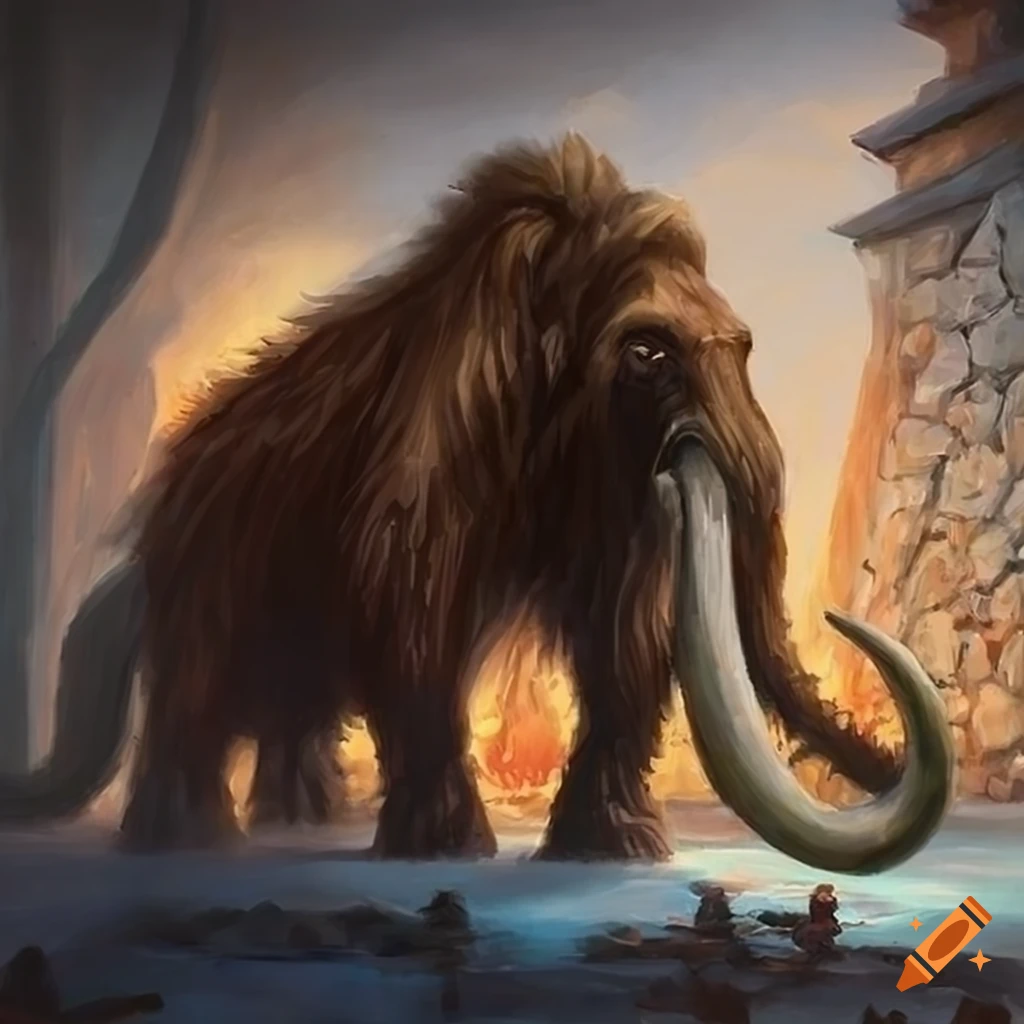 Fantasy oil painting of a mammoth guarding a stone building