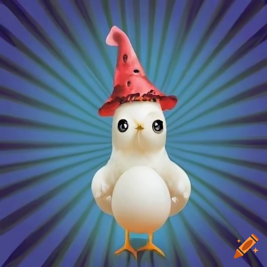 White chicken with wizard hat holding an egg