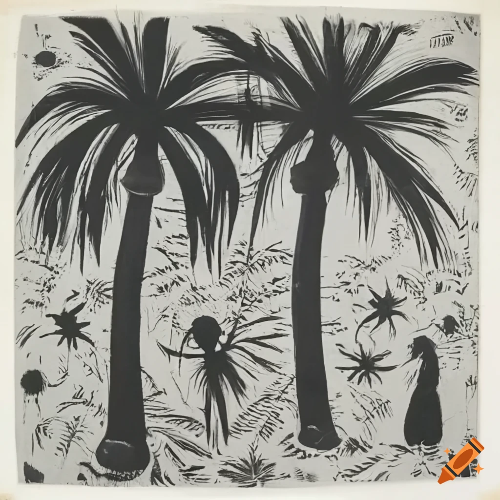 Linocut print of palm trees
