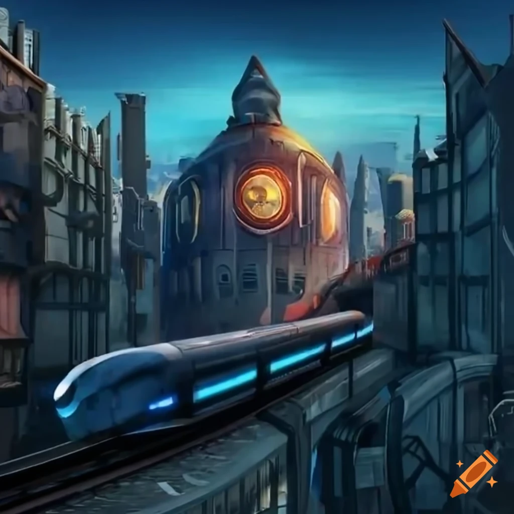 Futuristic train in a medieval city
