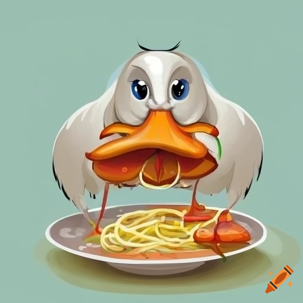 Illustration of a duck eating spaghetti