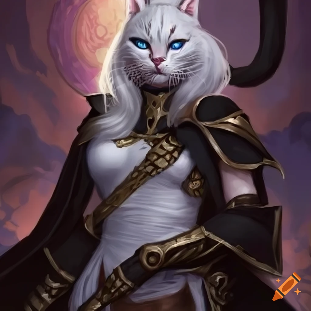 Illustration of a white cat lady cleric in black robes on Craiyon