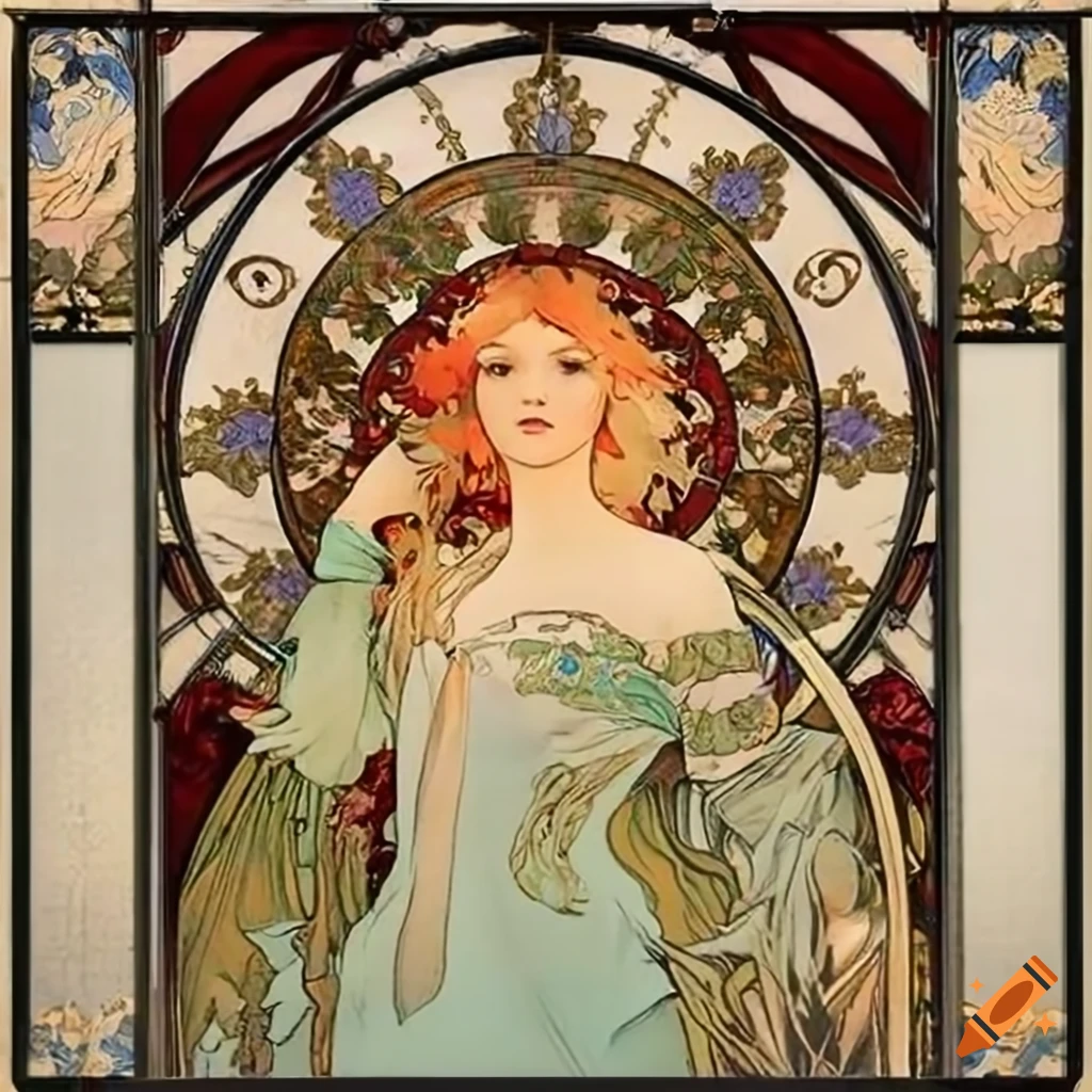 Alphonse mucha artwork of two angels with golden bird on Craiyon