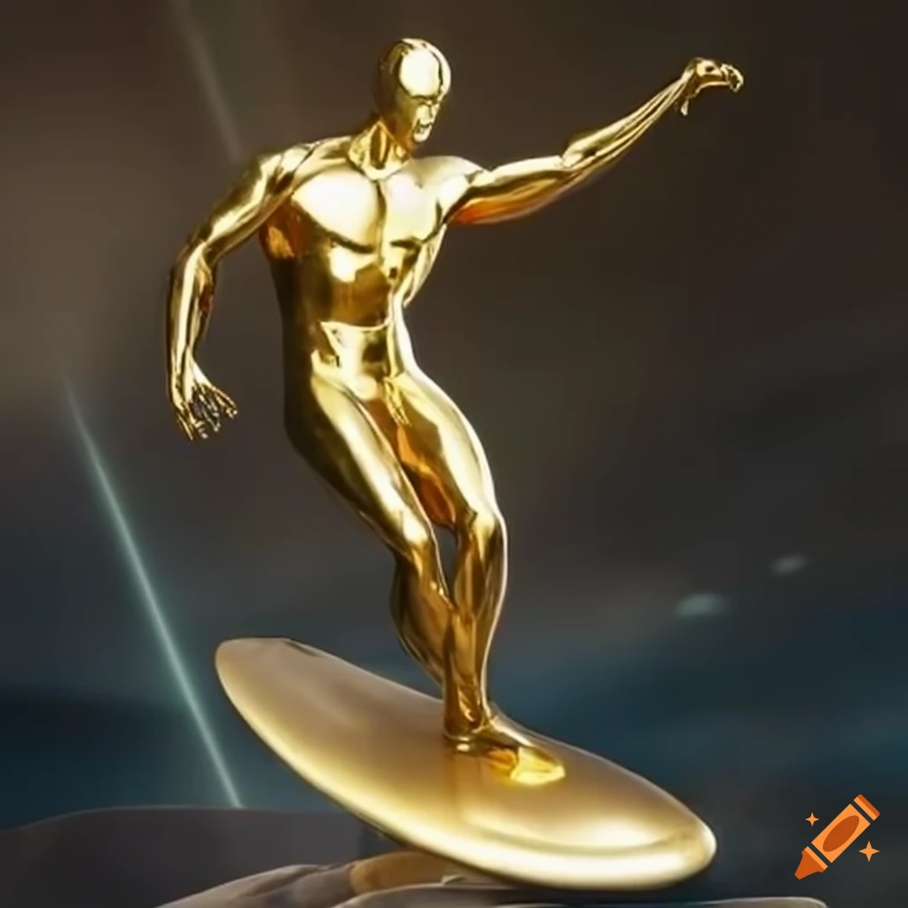 Shining golden statue of silver surfer on Craiyon