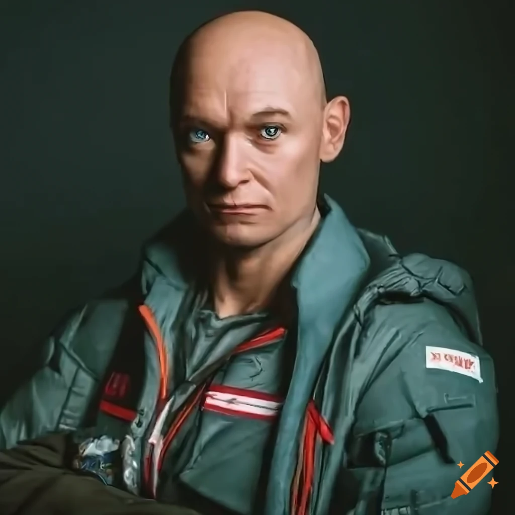 Portrait of a bald battletech pilot on Craiyon
