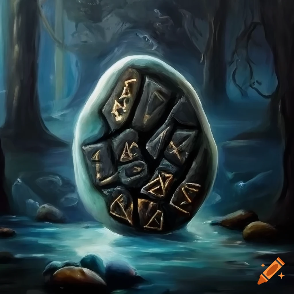 Dark magical floating stones with carved runes on Craiyon