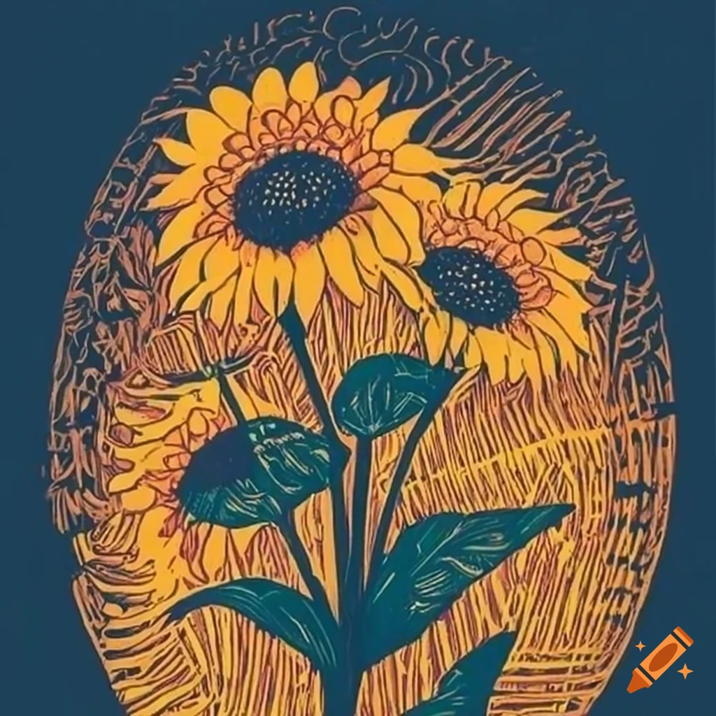 Linocut art of a sunflower field with a tractor on Craiyon