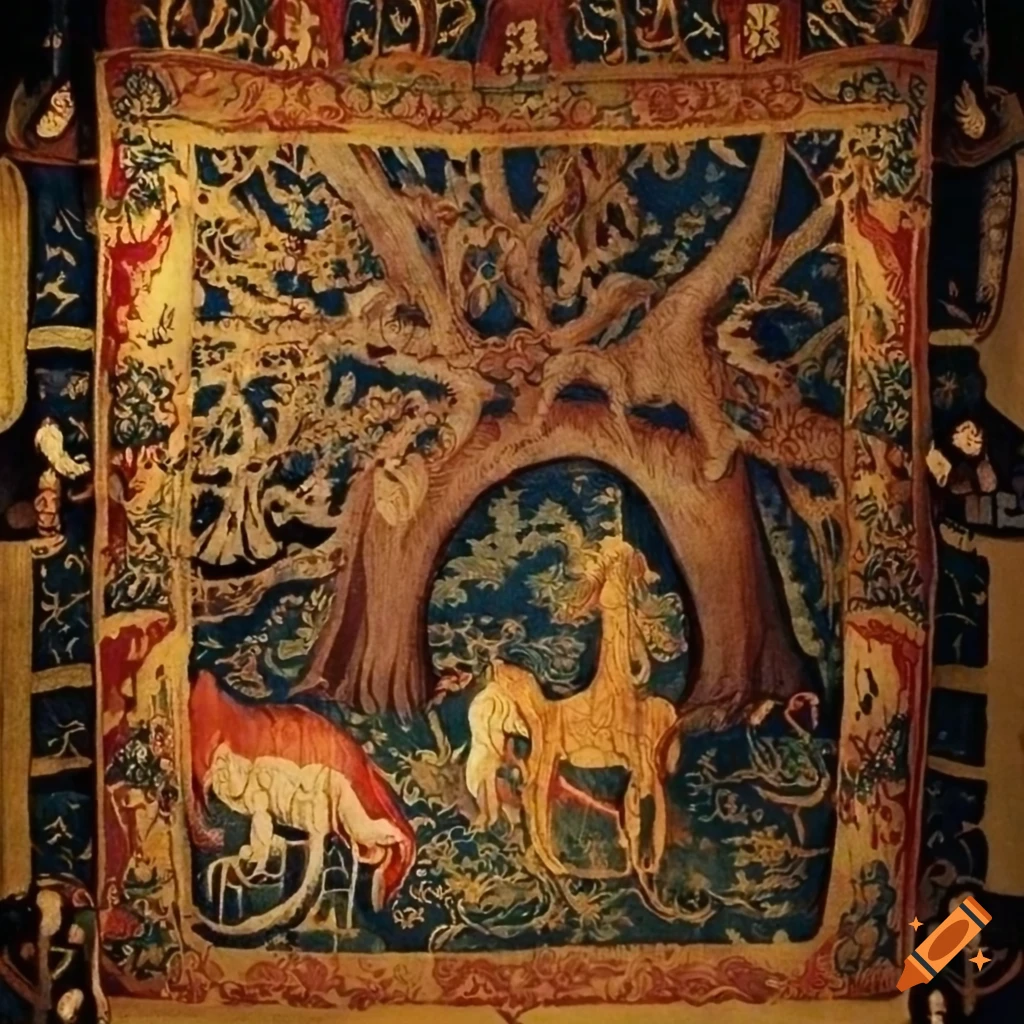 Medieval tapestry with a tree surrounded by woodland creatures on Craiyon