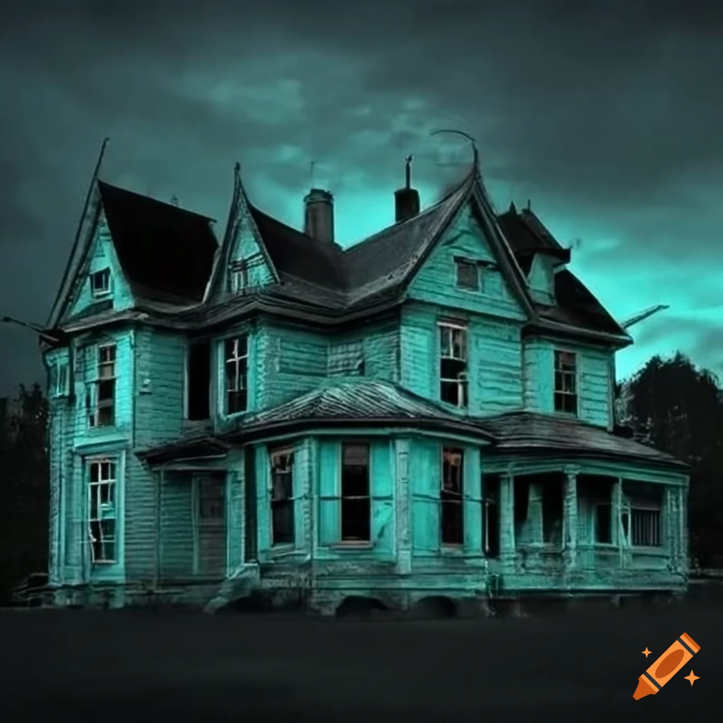 Teal haunted house with black and grey tones