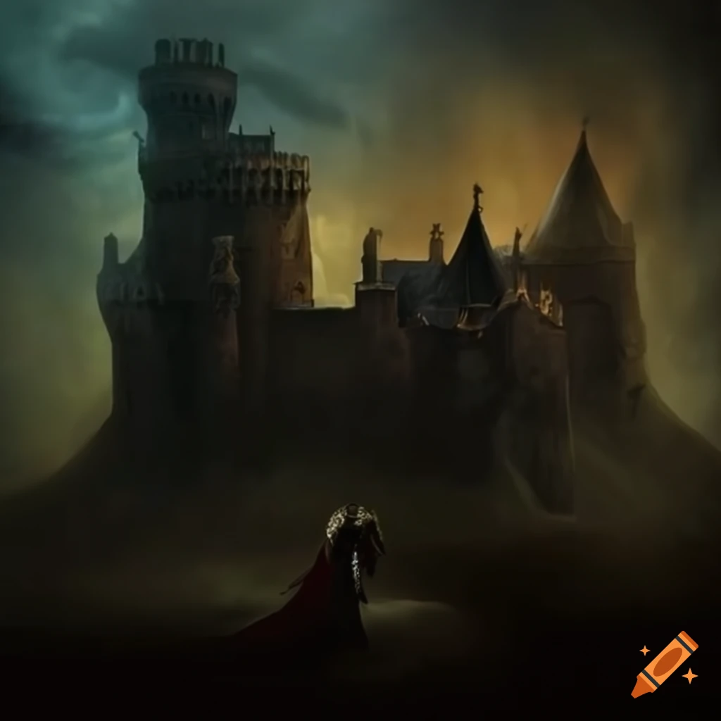 Dark fantasy castle with a lone knight on Craiyon