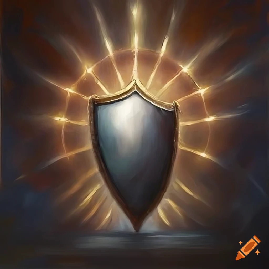 Oil painting of a shining silver shield with beams of light on Craiyon