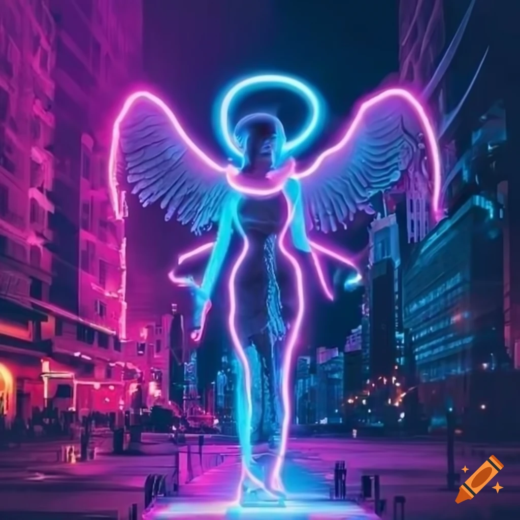 Vibrant cityscape with glowing angel and demon statues on Craiyon