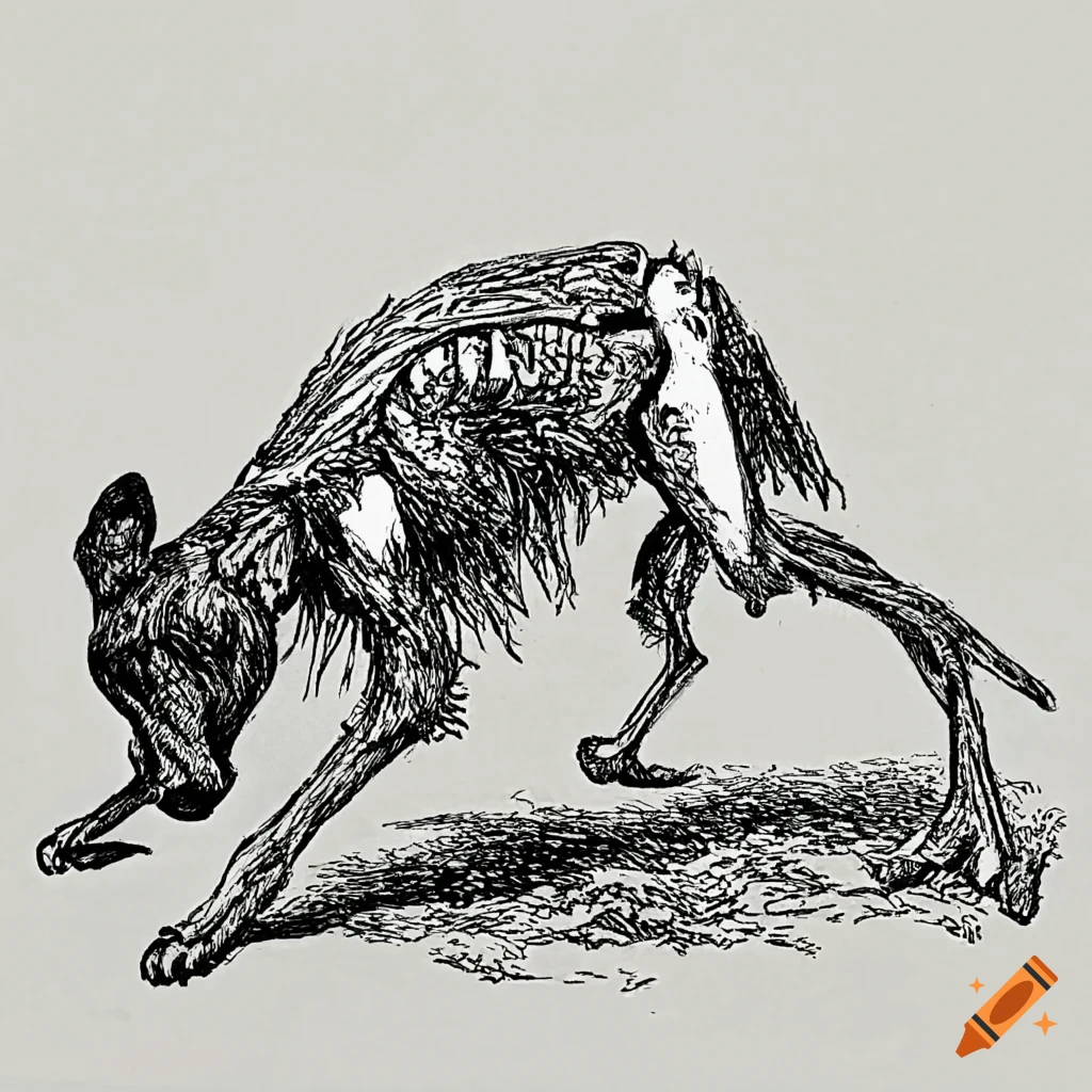 Black and white illustration of a decaying wild dog on Craiyon