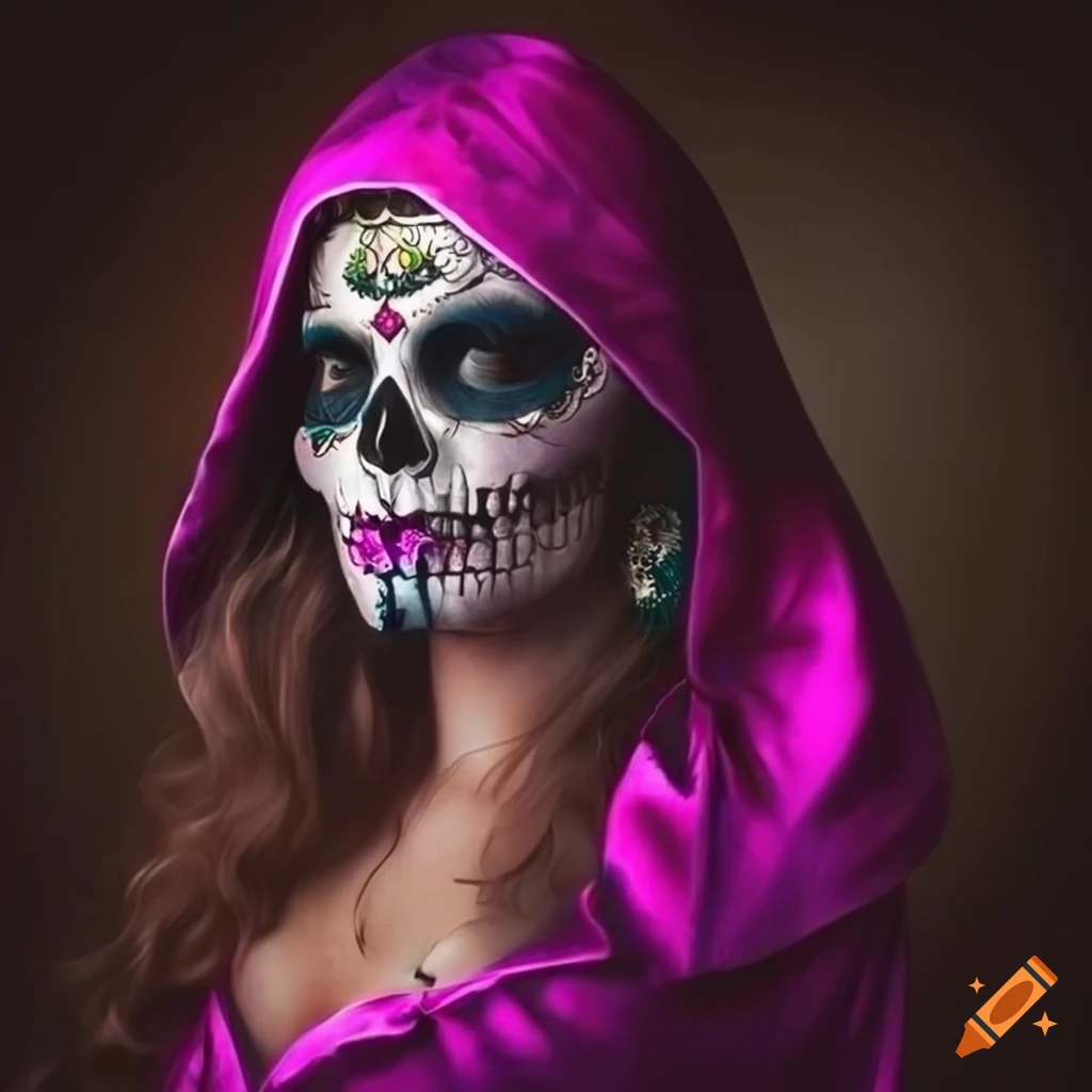 Vibrantly detailed artwork of a santa muerte skull-lady