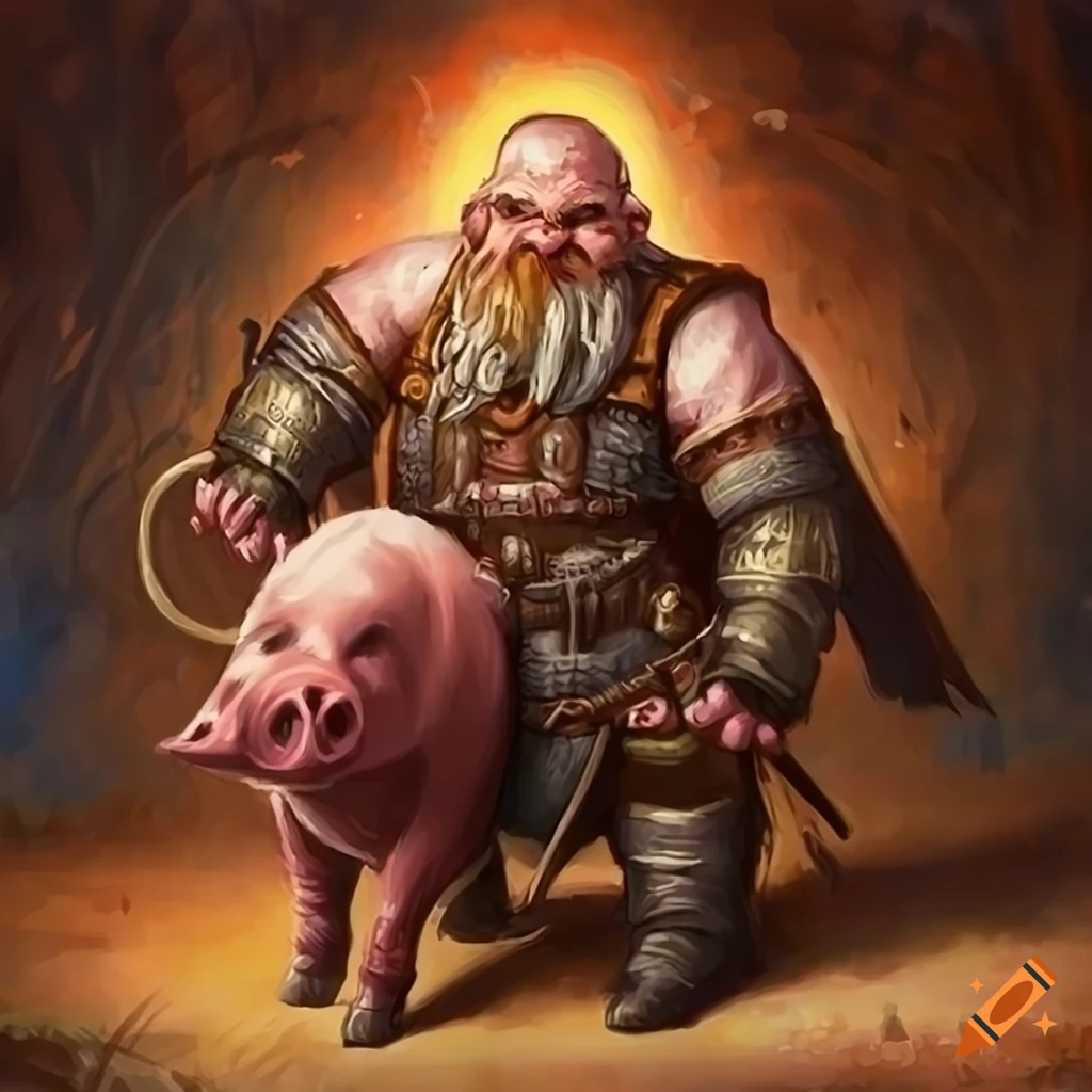 Fantasy art of a dwarf riding a pig on Craiyon