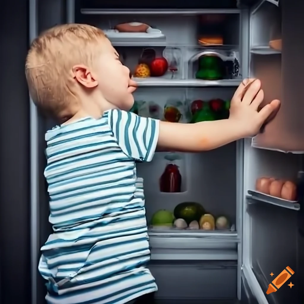 Boy getting juice from the fridge on Craiyon