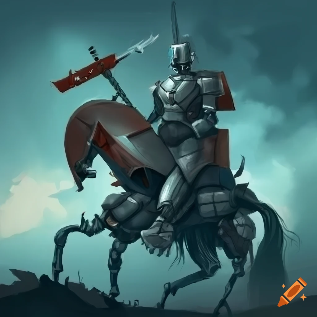 Quirky illustration of a knight on a neon pink horse on Craiyon