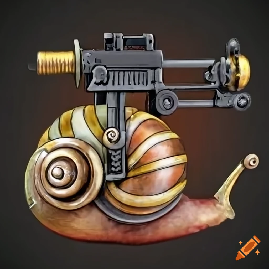 Image of a steampunk snail with weapons on Craiyon