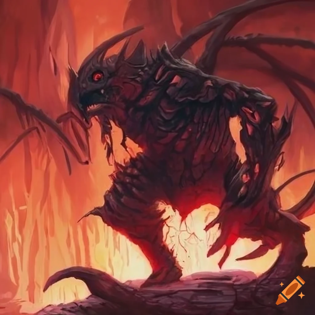 Epic landscape with a fiery winged humanoid on Craiyon