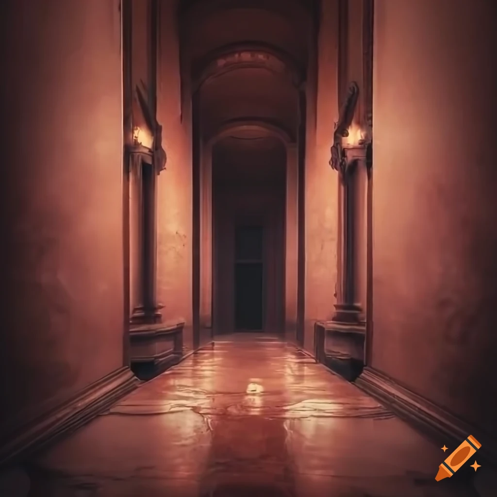 Cinematic marble hallway with dim lighting