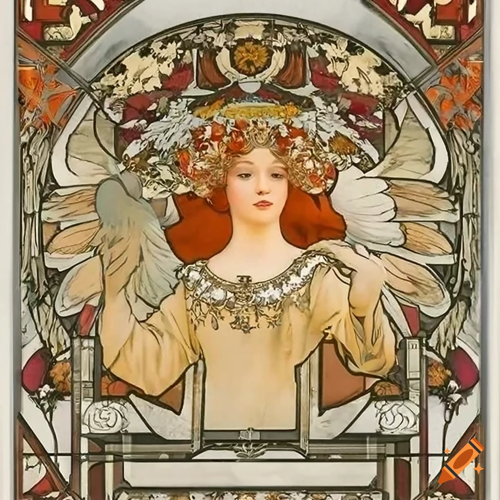 Alphonse mucha painting of two angels with large wings