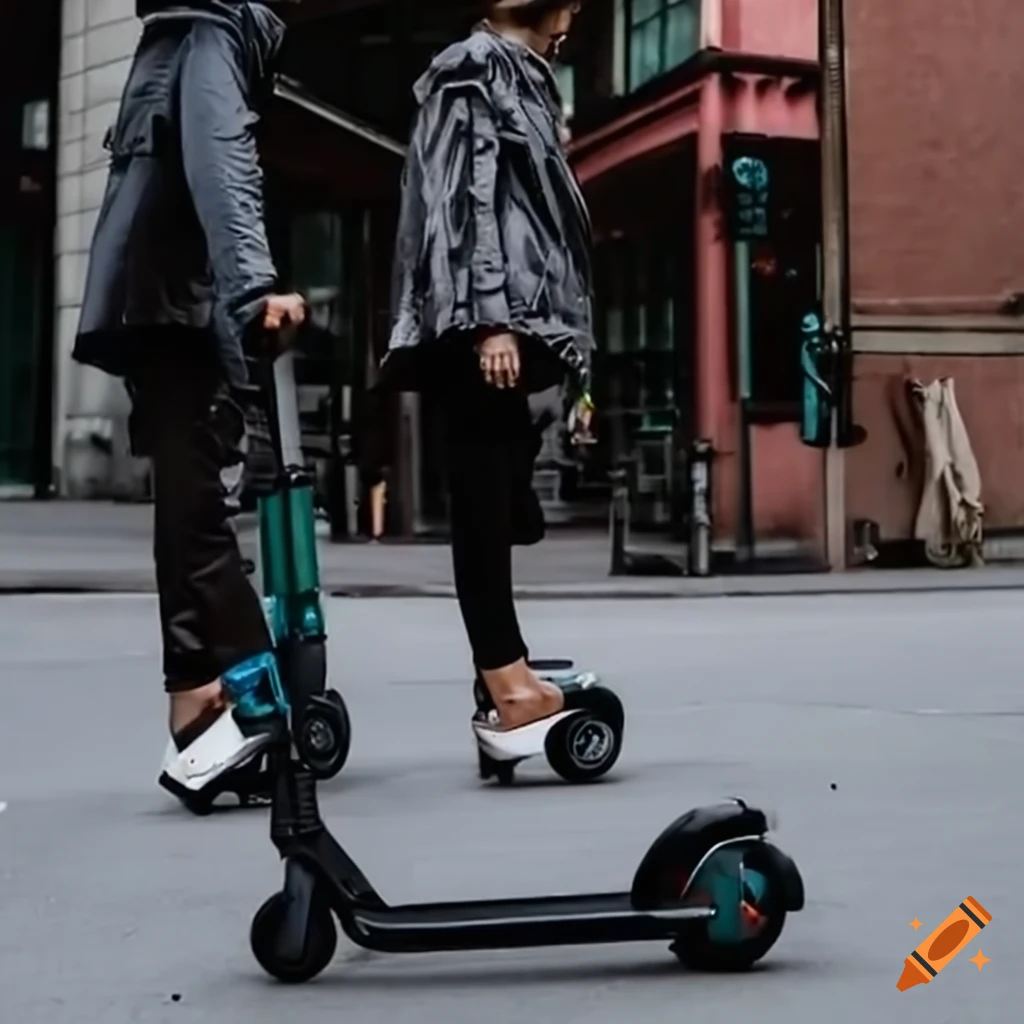 Parked electric scooters in the street on Craiyon