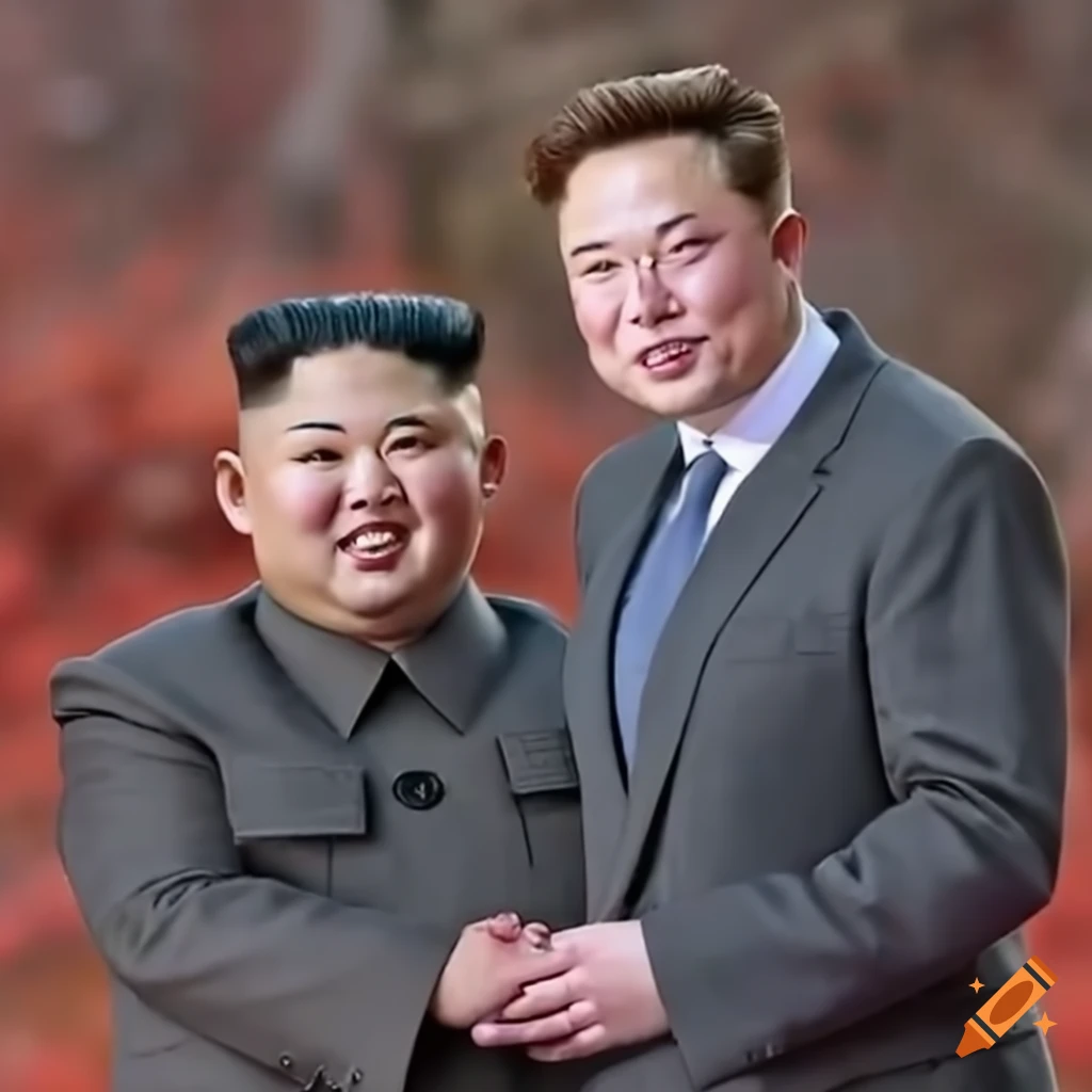 Satirical portrayal of Kim Jong Un and Elon Musk embracing on Craiyon