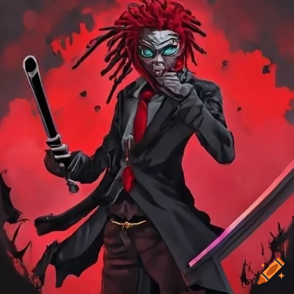 Anime character with red dreads holding a sword