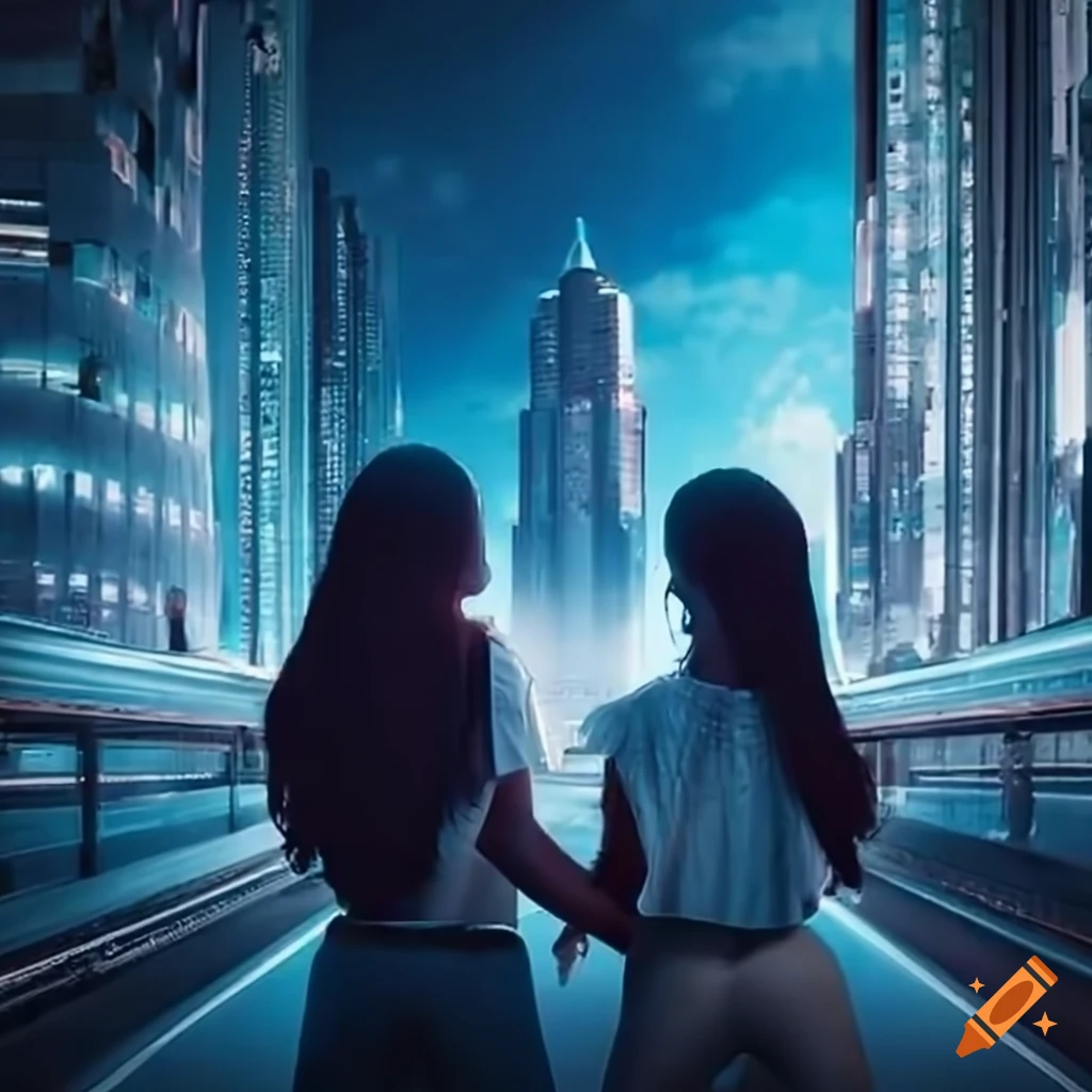 Futuristic cityscape with two young women exploring