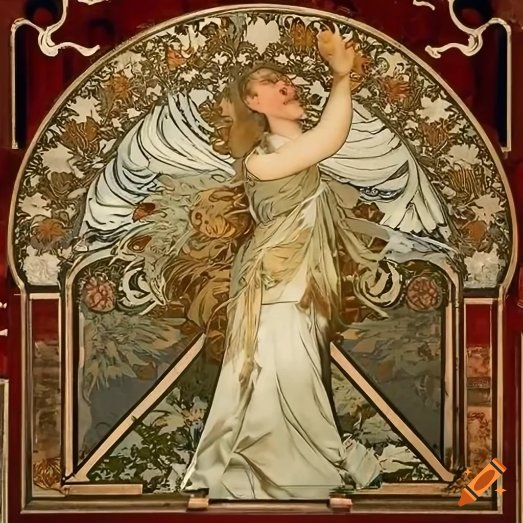 Alphonse mucha's artwork of two angels with golden bird on Craiyon