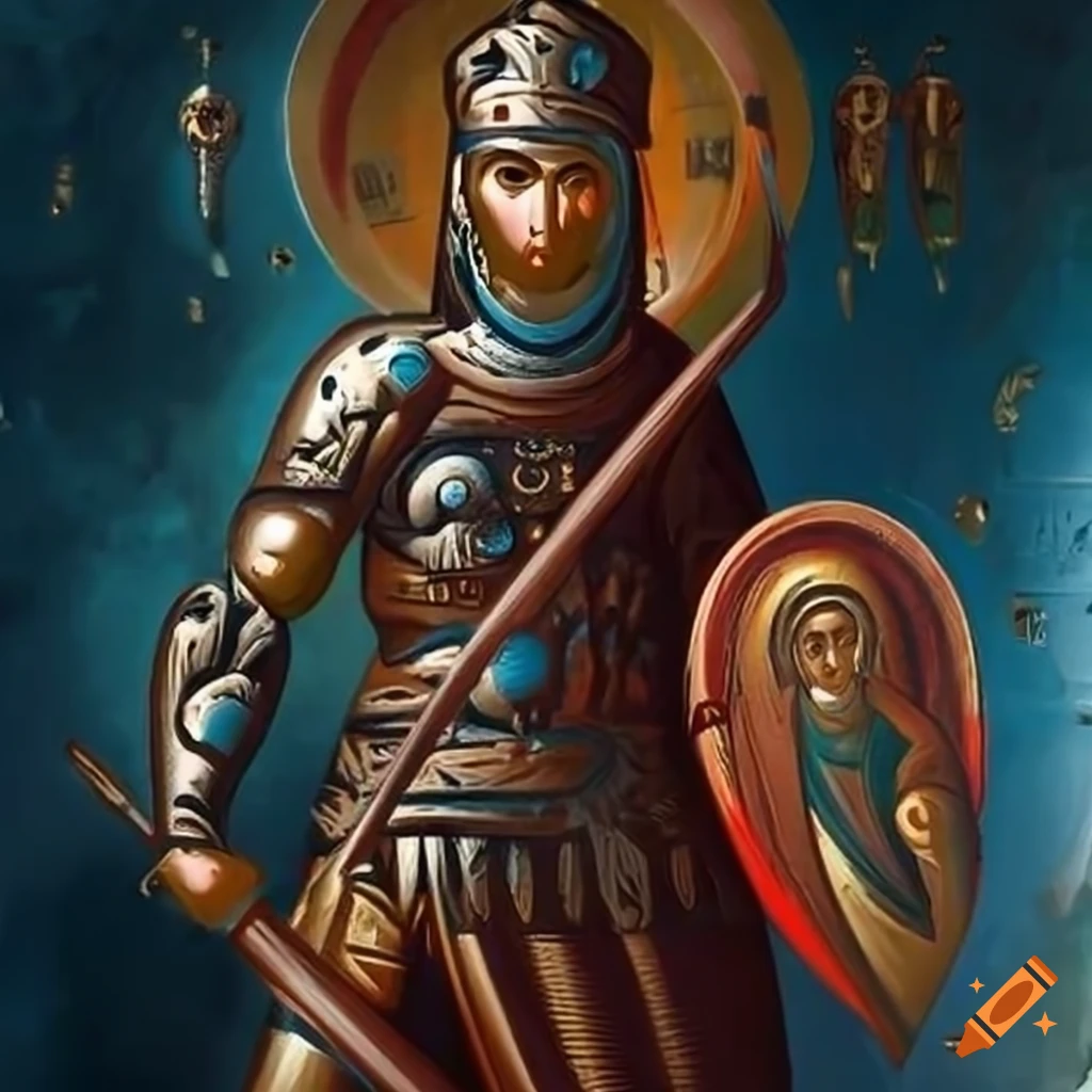 Greek orthodox icon of a futuristic warrior